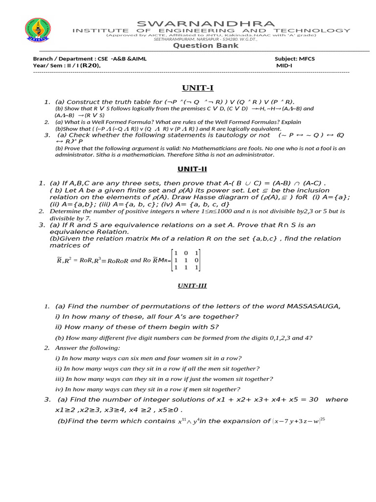 MFCS MID-I QB FOR CSE&AIML | PDF | Matrix (Mathematics) | Logic MFCS MID-I QB FOR CSE&AIML | PDF | Matrix (Mathematics) | Logic