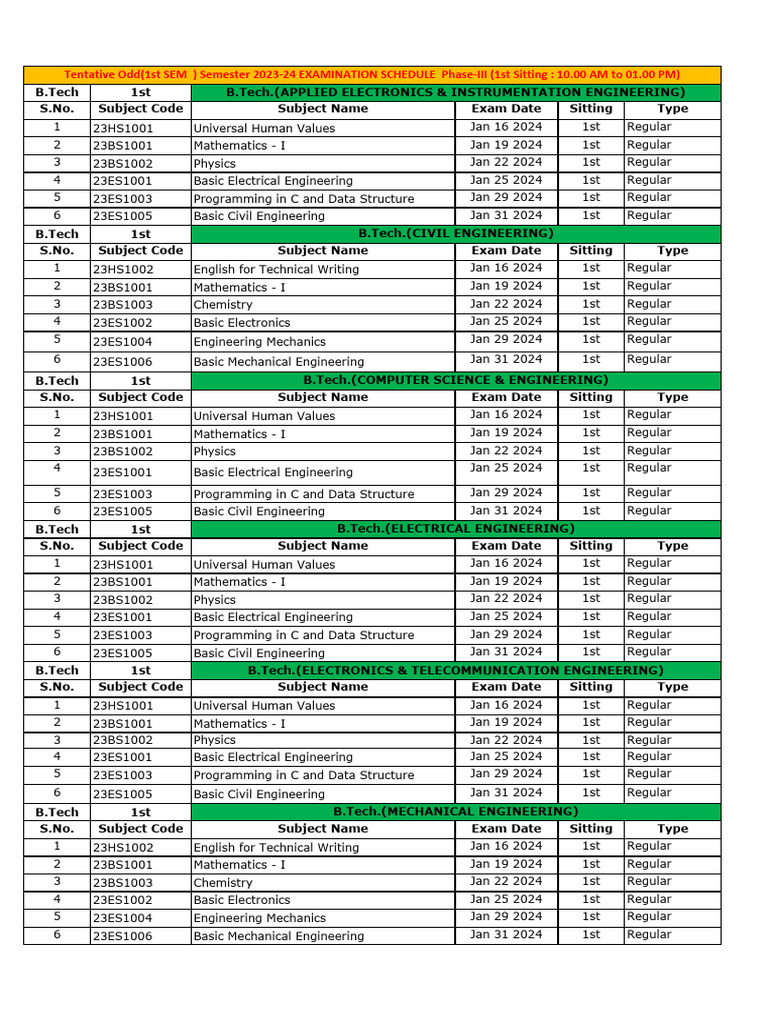 1st Sem Exam Schedule 2023-24 | PDF | Engineering | Electrical Engineering