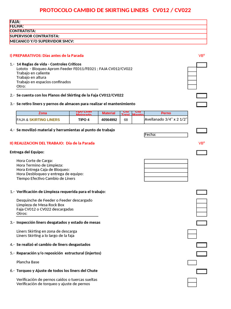 Protocolo Cambio Liners Skirting CV012-CV022 | PDF