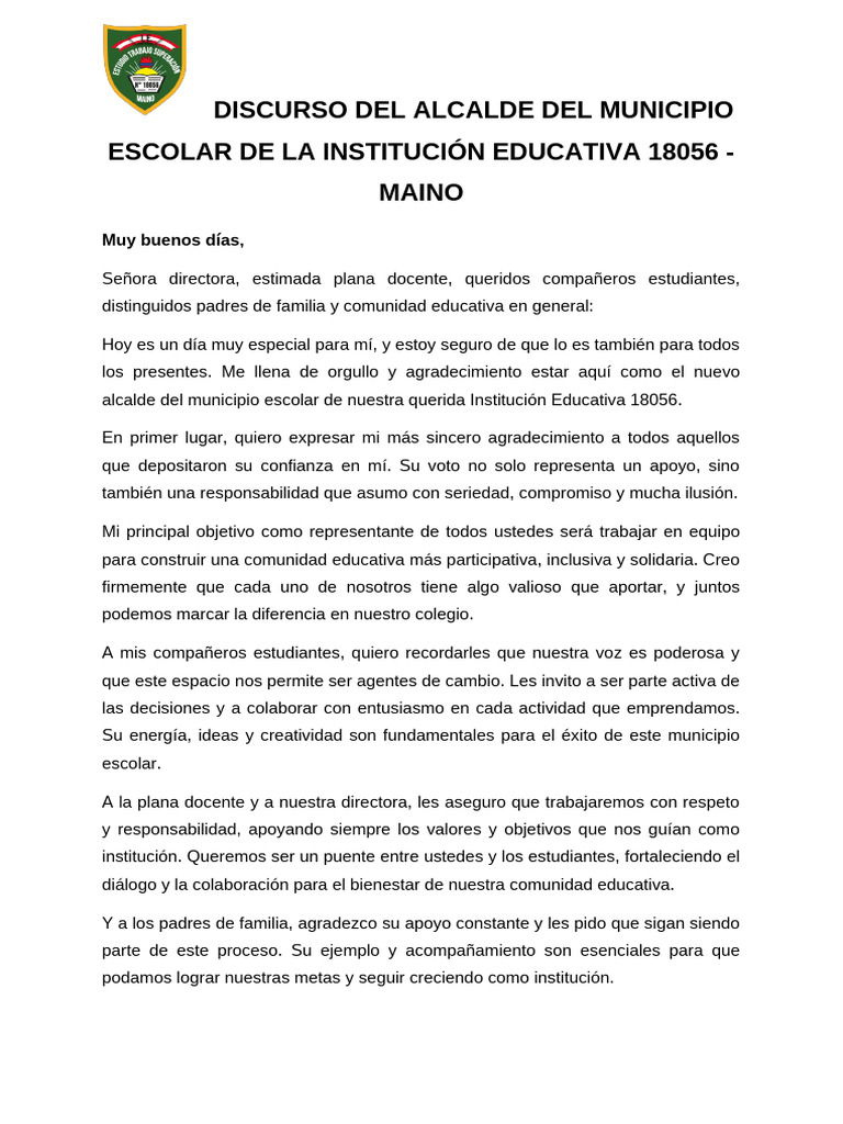 Discurso Del Alcalde Del Municipio Escolar de La Institución Educativa 18056 | PDF | Escuelas