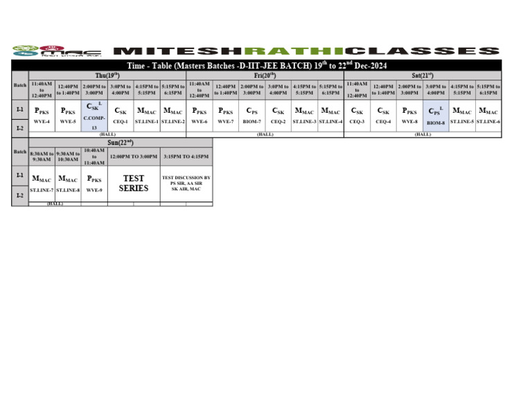 Time - Table (Masters Batches - D-IIT-JEE BATCH) 19 To 22 Dec-2024 | PDF