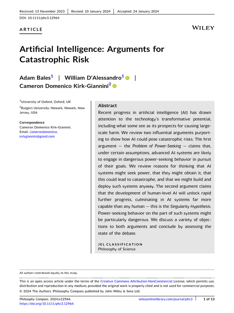 Philosophy Compass - 2024 - Bales - Artificial Intelligence Arguments For Catastrophic Risk ...