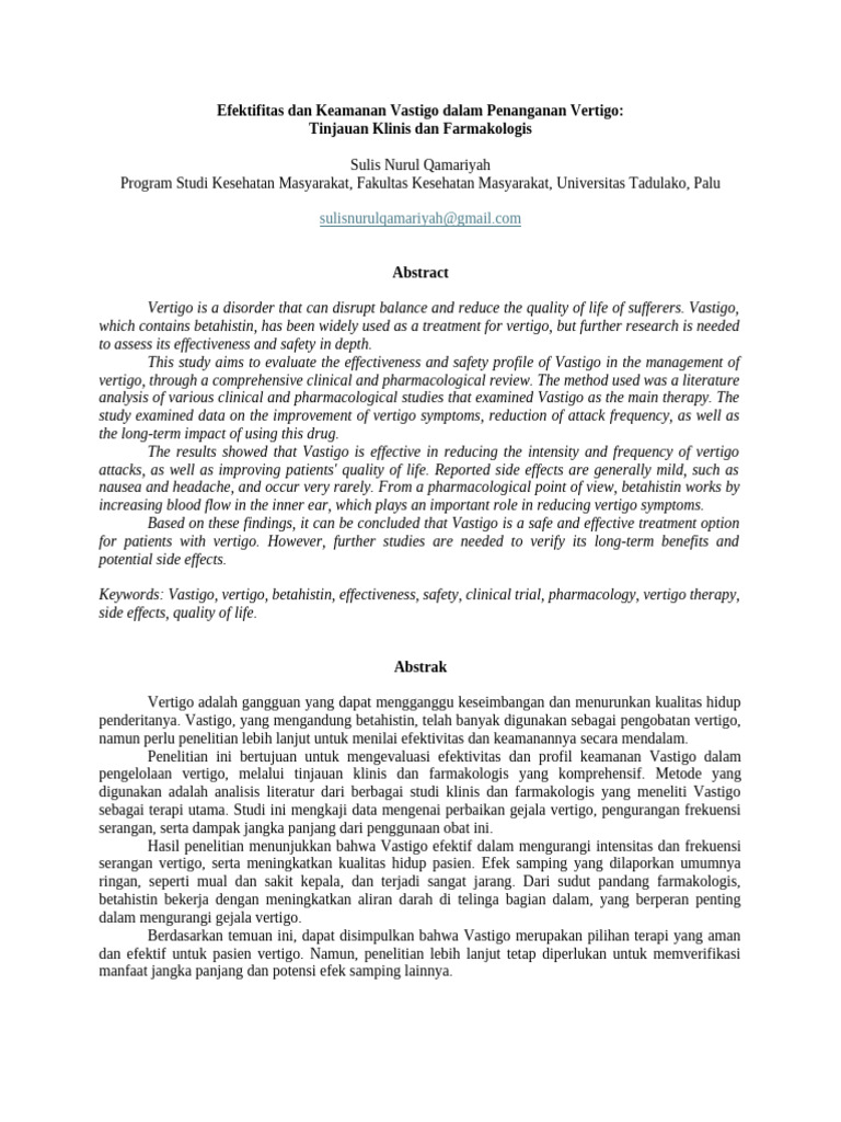 Efektifitas dan Keamanan Vastigo dalam Penanganan Vertigo: Tinjauan ...