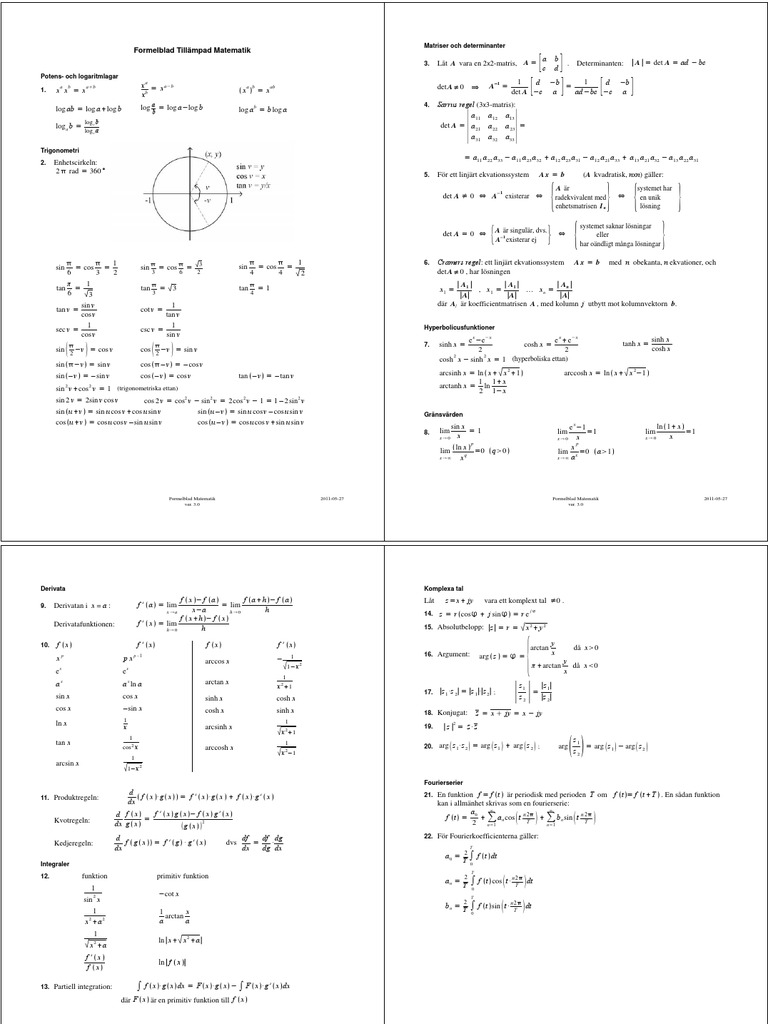 Formelblad - Matematik (Differentialekvationer) | PDF