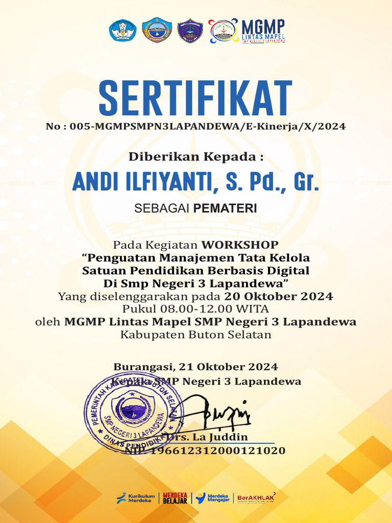 Sertifikat Workshop 4 Pemateri ANdi Ilfiyanti_045422 | PDF