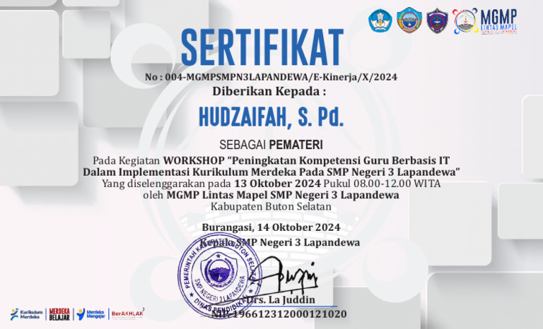 Sertifikat Workshop 3 Pemateri Hudzaifah - 045340 | PDF