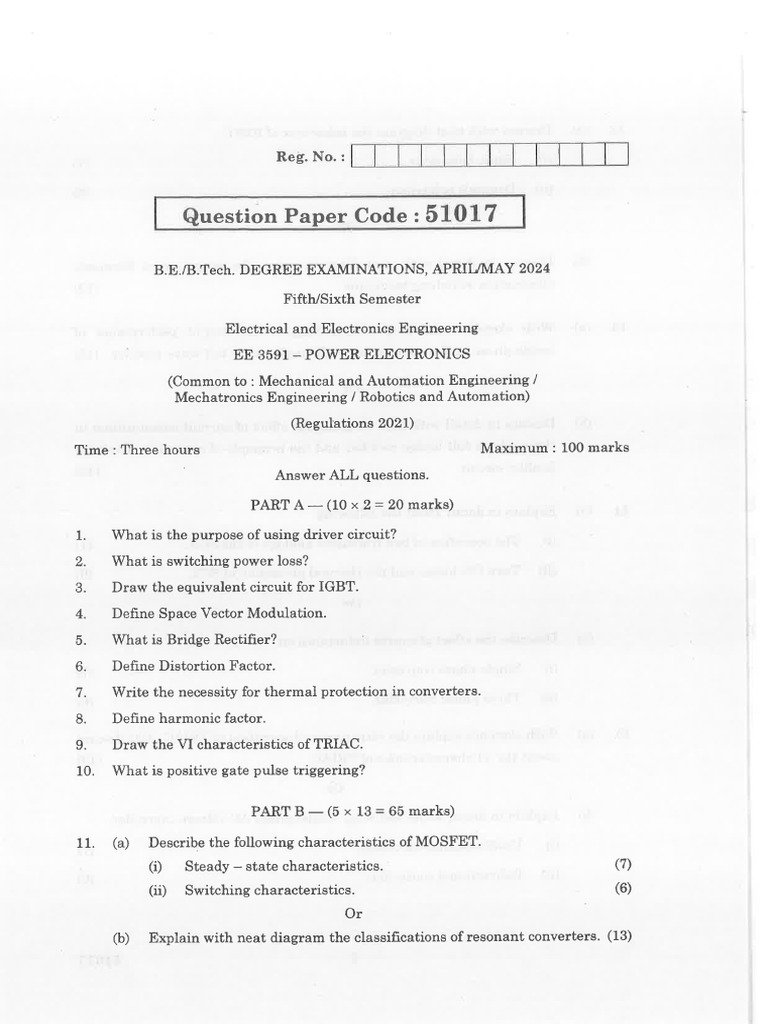 Power Electronics - EE3591 2021 Regulation - Semester Question Paper ...