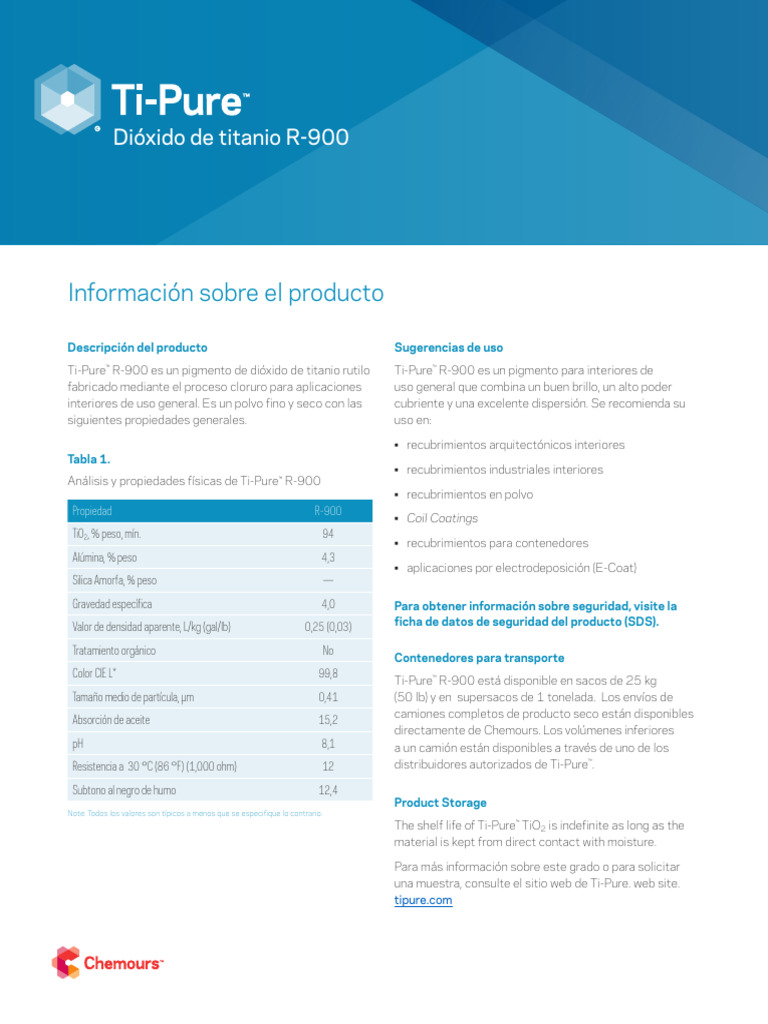 Ti Pure R 900 Tds | PDF | Dióxido de titanio | Titanio