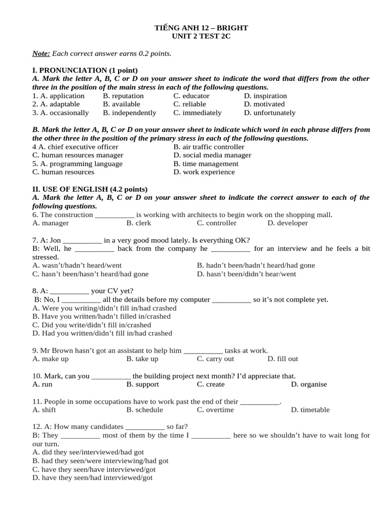Bright 12 Test 2C (3-4-2024) | PDF | Job Interview | Résumé