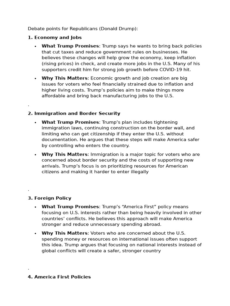 Debate Points For Republicans | PDF | Cost Of Living | Donald Trump