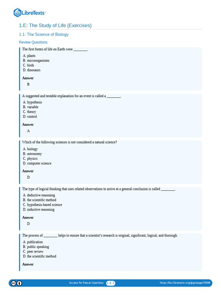1.E! the Study of Life (Exercises) | PDF | Cell (Biology) | Science