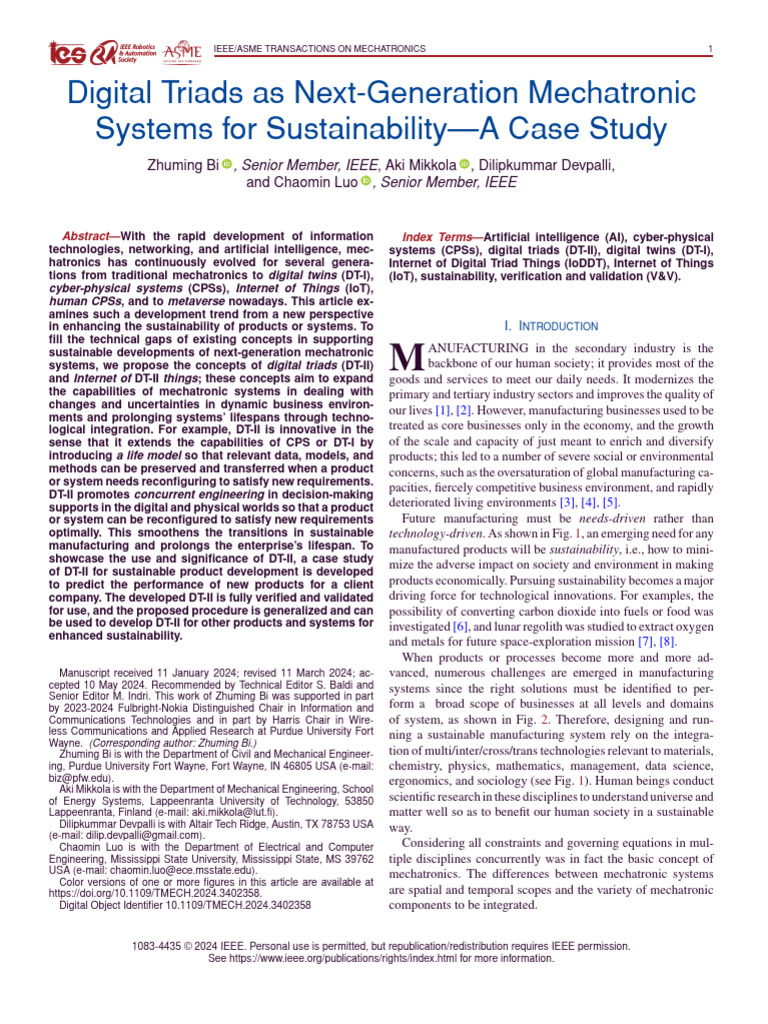 Digital Triads as Next-Generation Mechatronic Systems for Sustainability-A Case Study | PDF ...