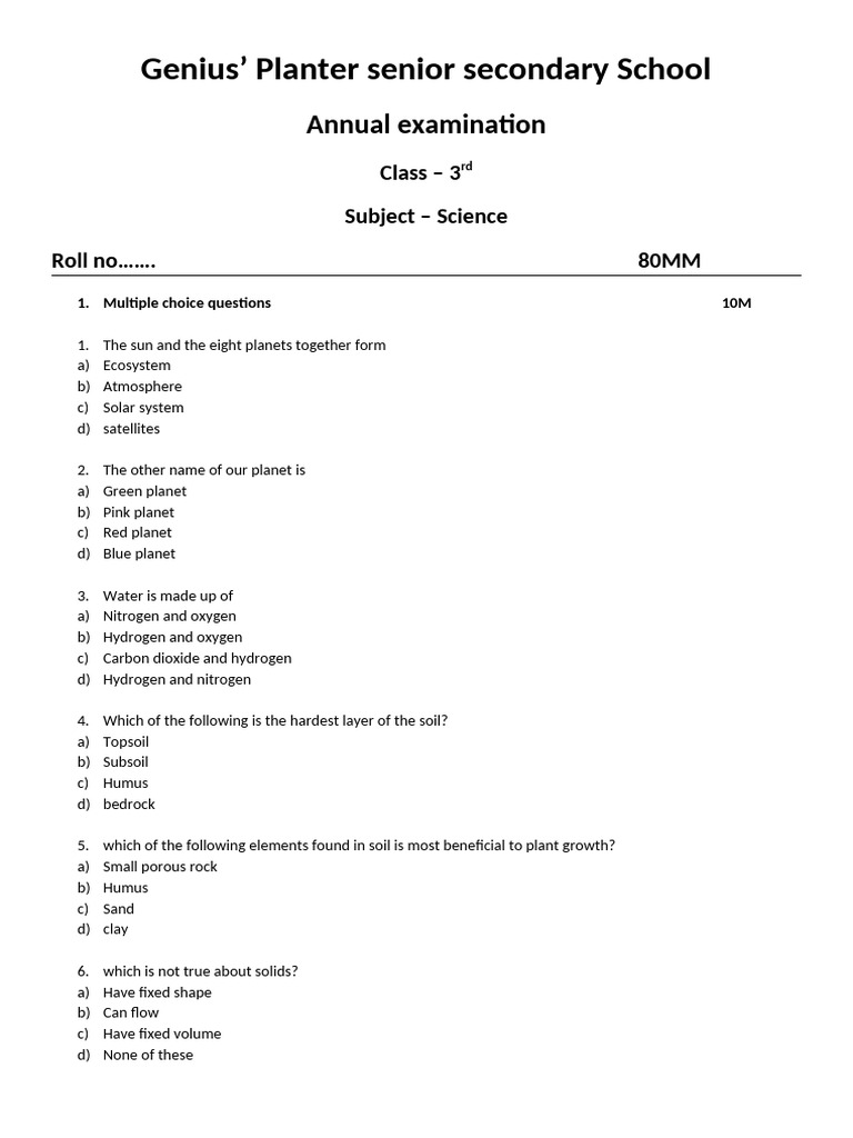 Class 3 Science Annual Exam 2025 | PDF | Soil | Water