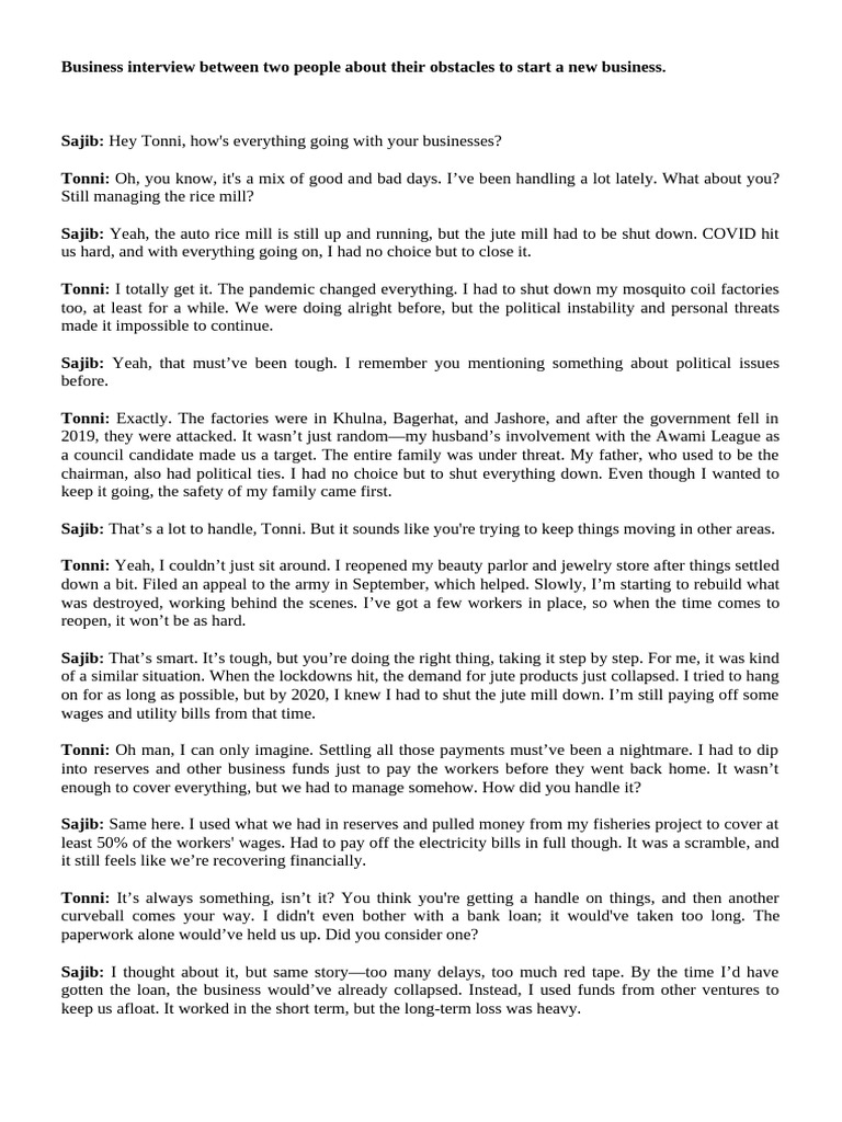 Business Interview Between Two People About Their Obstacles To Start A ...