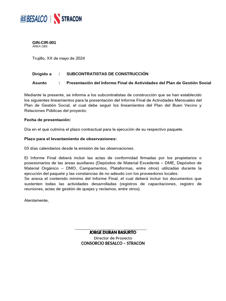 Formato Circular Informes Finales Gestión Social 2024 | PDF