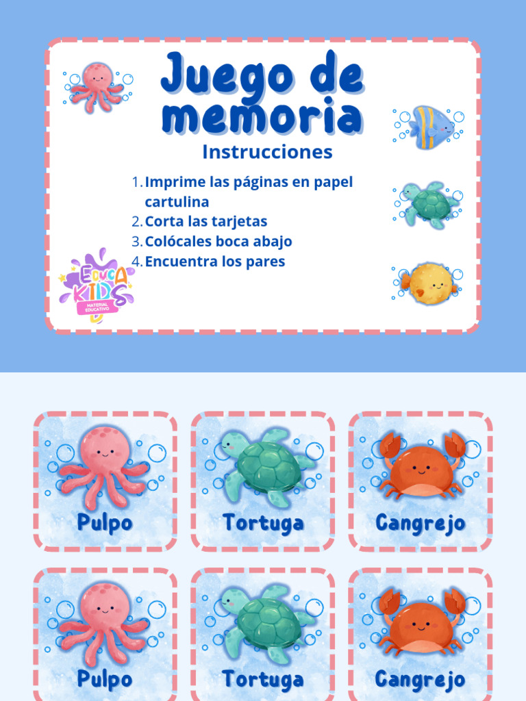 Juego de memoria de animales marinos imprimible | PDF