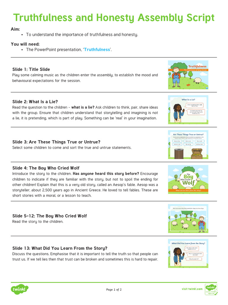 Truthfulness and Honesty Assembly Script | PDF | Lie | Fable