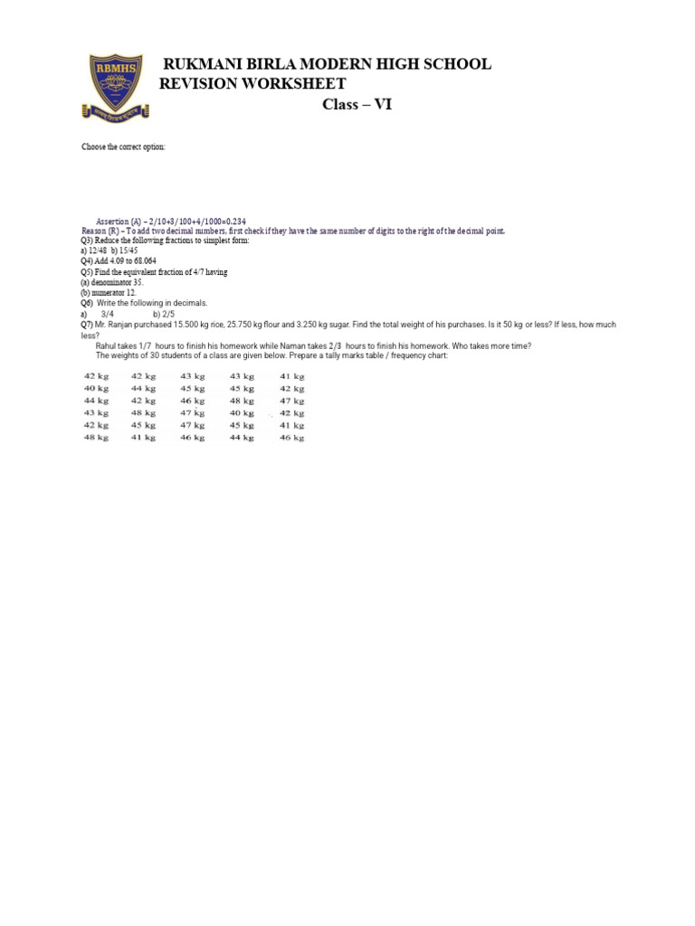 Class VI Math Revision Worksheet | PDF