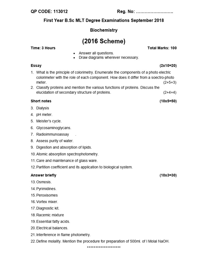 (2016 Scheme) : QP CODE: 113012 Reg. No: .. First Year B.SC MLT Degree ...