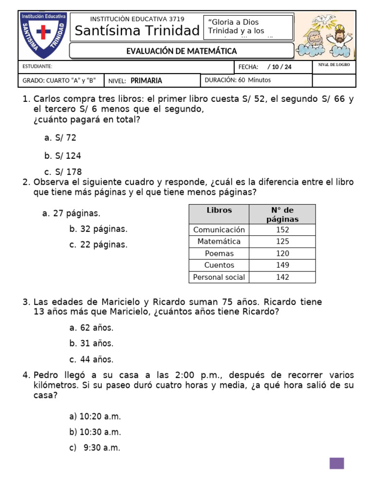 Evaluación Matemática 4º Primaria | PDF
