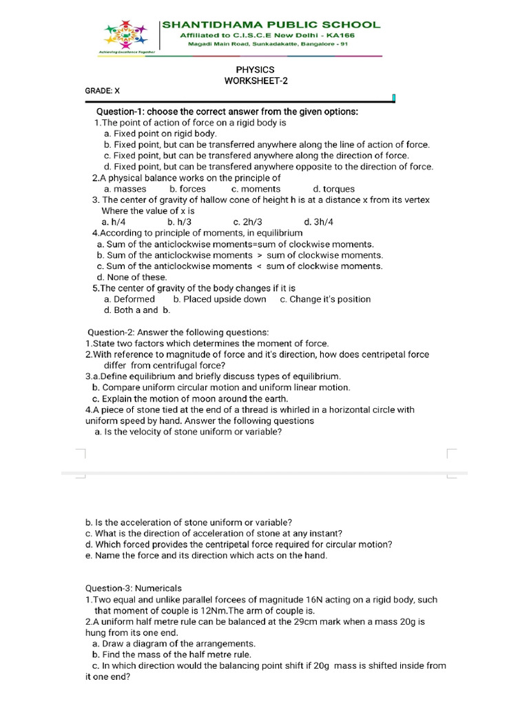 10 Physics Worksheet-2 | PDF