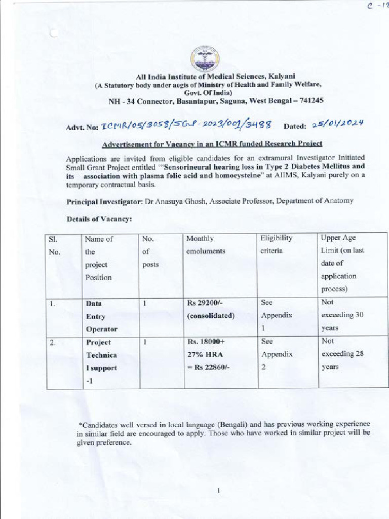 25.1.24 - Advertisement For Vacancy in A ICMR Project Compressed | PDF