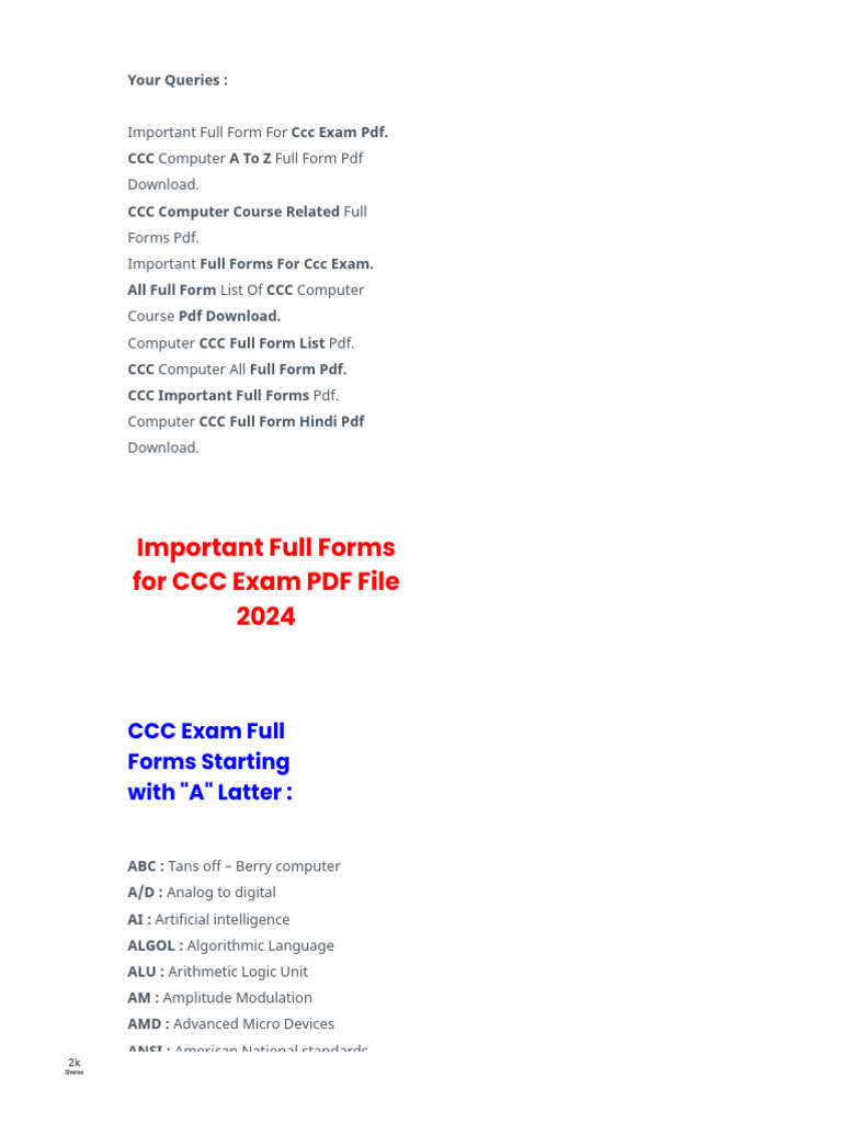 CCC Full Form & 103+ Important Full Form For NIELIT CCC Exams PDF File ...