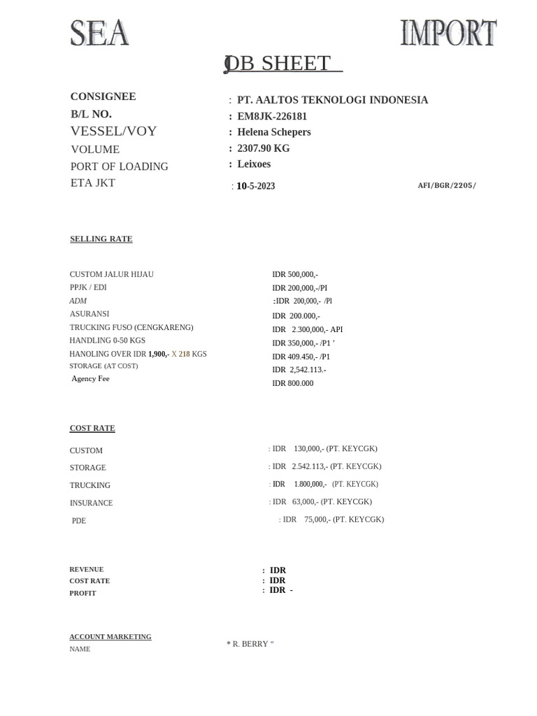 Job Sheet Aaltos Custom Cleareance Only | PDF