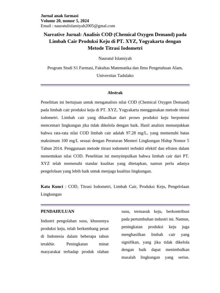Review Jurnal Analisis COD (Chemical Oxygen Demand) Pada Limbah Cair Produksi Keju Di PT. XYZ ...