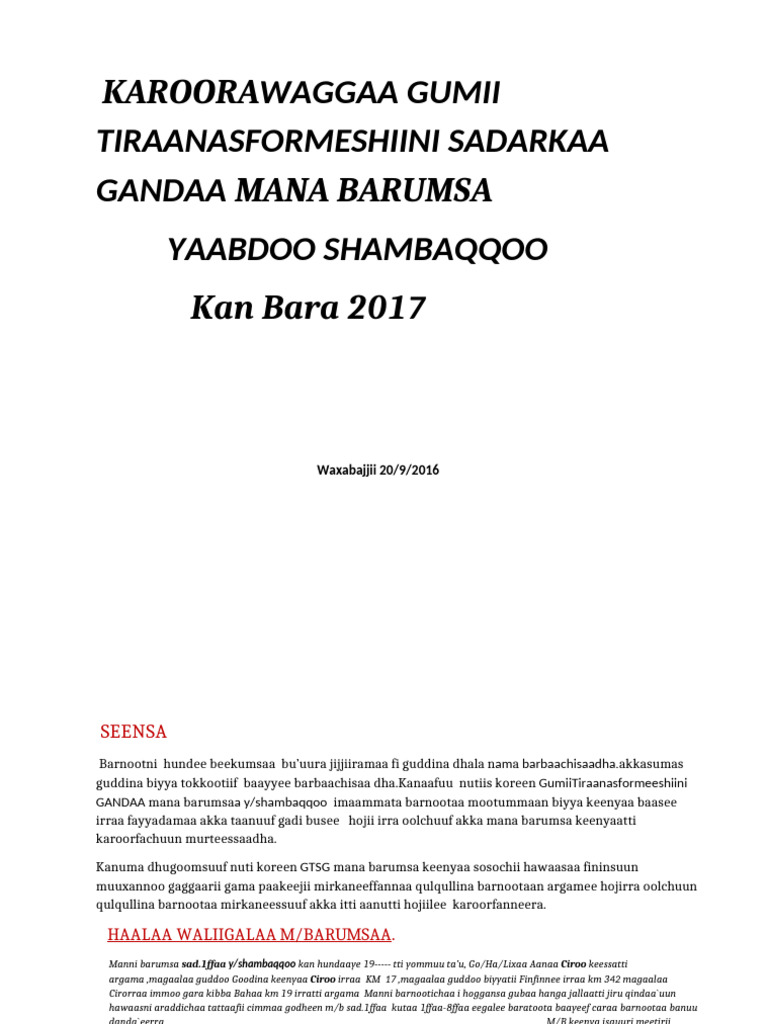 Karoora Mana Barumsa Kan Bara 201: Waggaa Gumii Tiraanasformeshiini Sadarkaa Gandaa Yaabdoo ...
