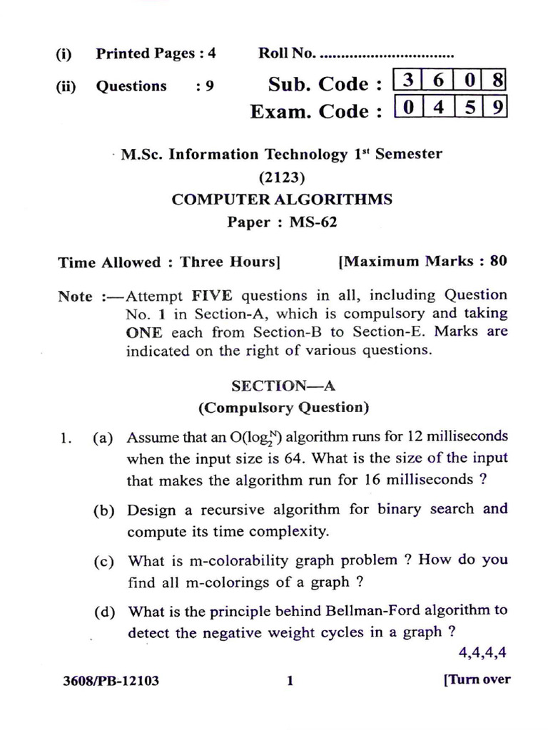 MSc Information Technology 1st Sem MS62 Computer Algorithms December 2023 | PDF