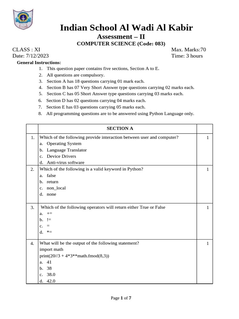 9586775-CLASS XI - CS - ASSESSMENT2 (1) - Corrected | PDF | Software Engineering | Computer Science