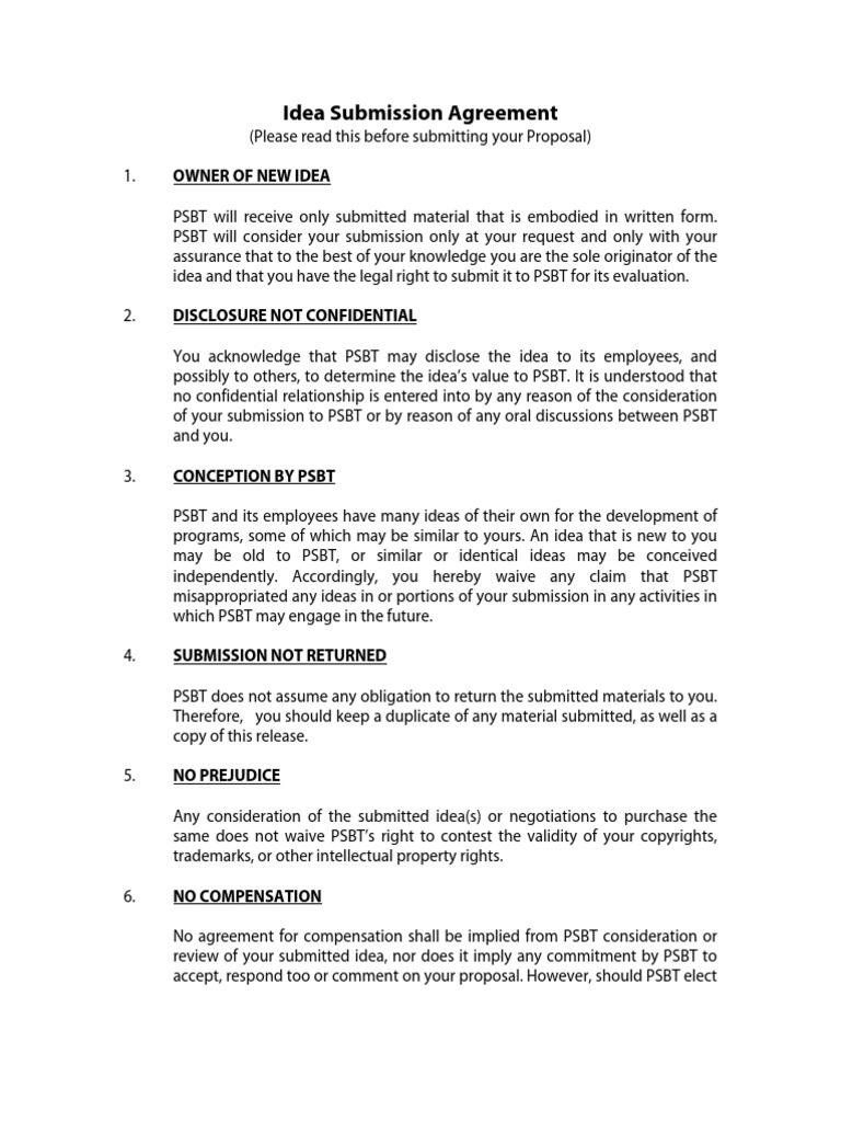 Idea Submission Agreement | PDF | Intellectual Property | Government ...