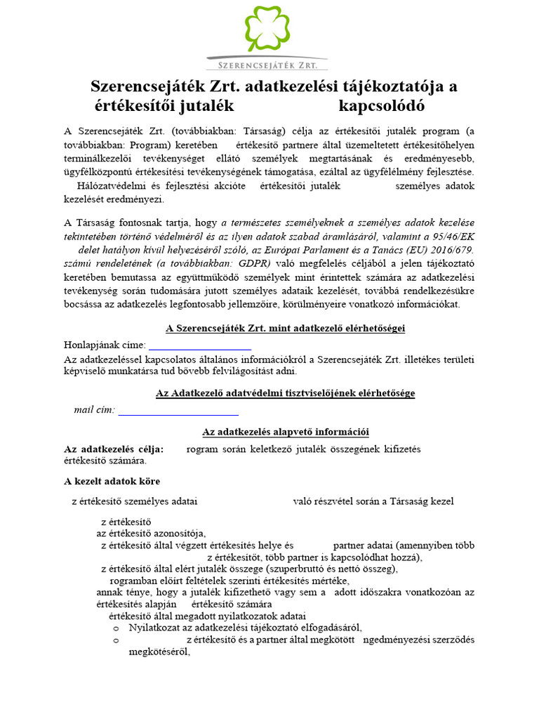 Adatkezelesi - Tajekoztató Értékesítői Jutalék Program 2.0 | PDF