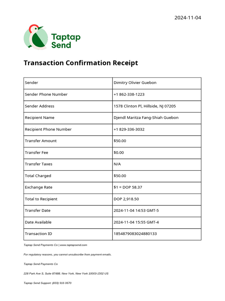 Taptap Send 1854879083024880133 en_US | PDF | Receipt | Banks