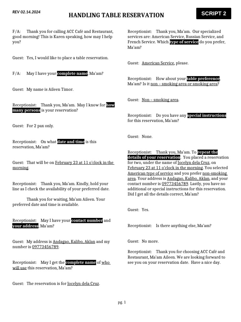 1.1 Handling Table Reservation - Script 2 | PDF