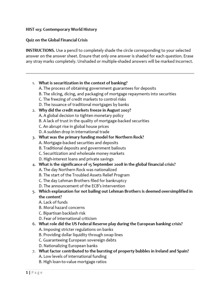 CONTEMPHIST_Global Financial Crisis Quiz | PDF | Mortgages | Mortgage ...
