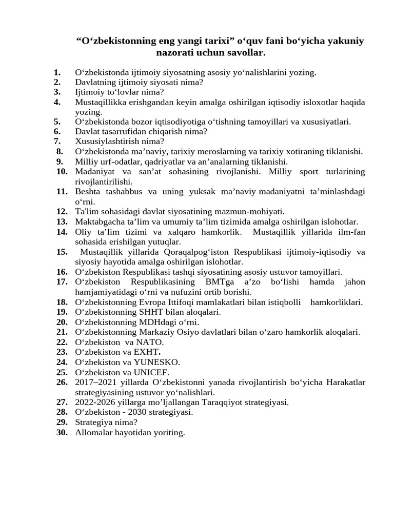 Yakuniy Savollari | PDF