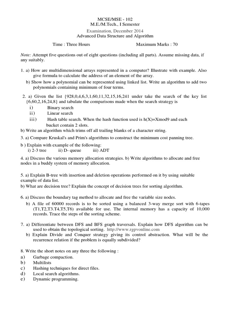 Mcse 102 Advanced Data Structure and Algorithm Dec 2014 | PDF | Applied Mathematics | Algorithms ...