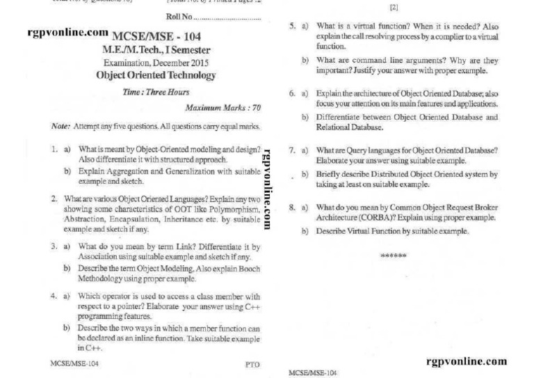 Mcse 104 Object Oriented Technology Dec 2015 | PDF