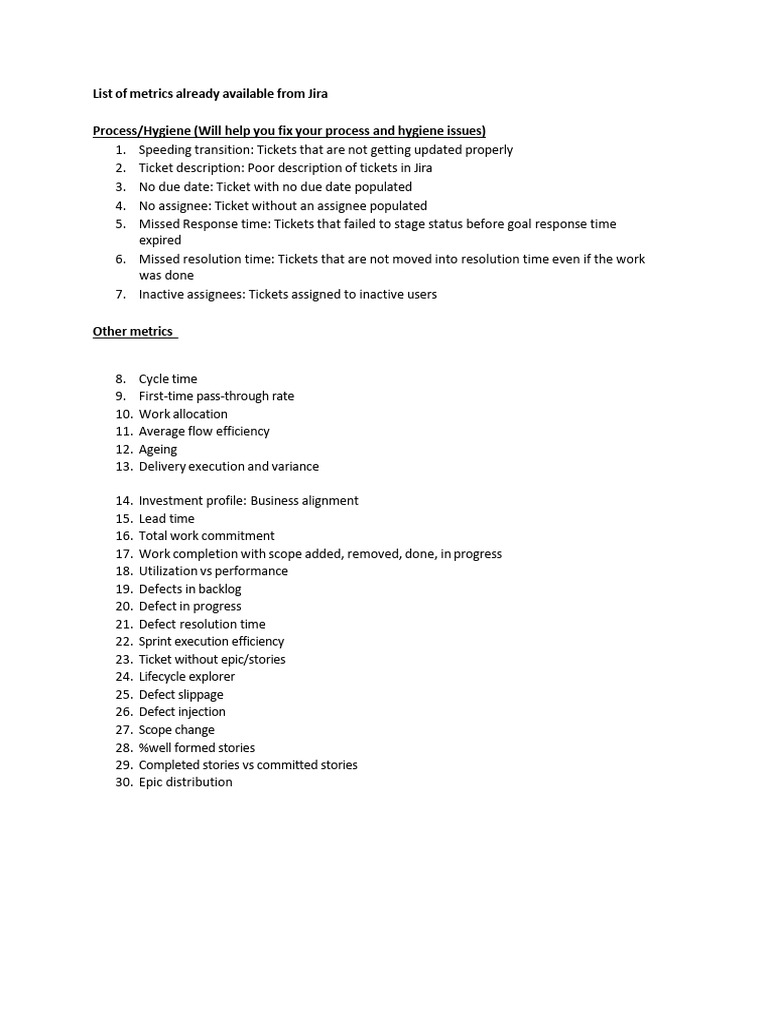 Metric List From Jira | PDF