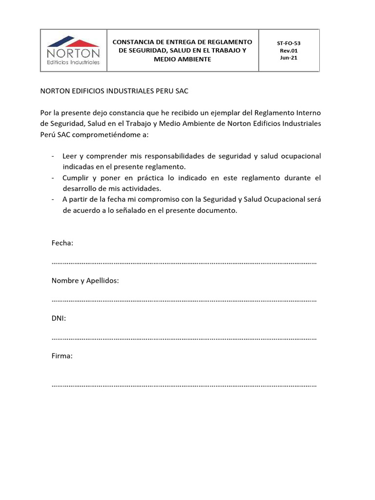 ST-FO-53 Constancia de Entrega Del RISST Rev.01 | PDF