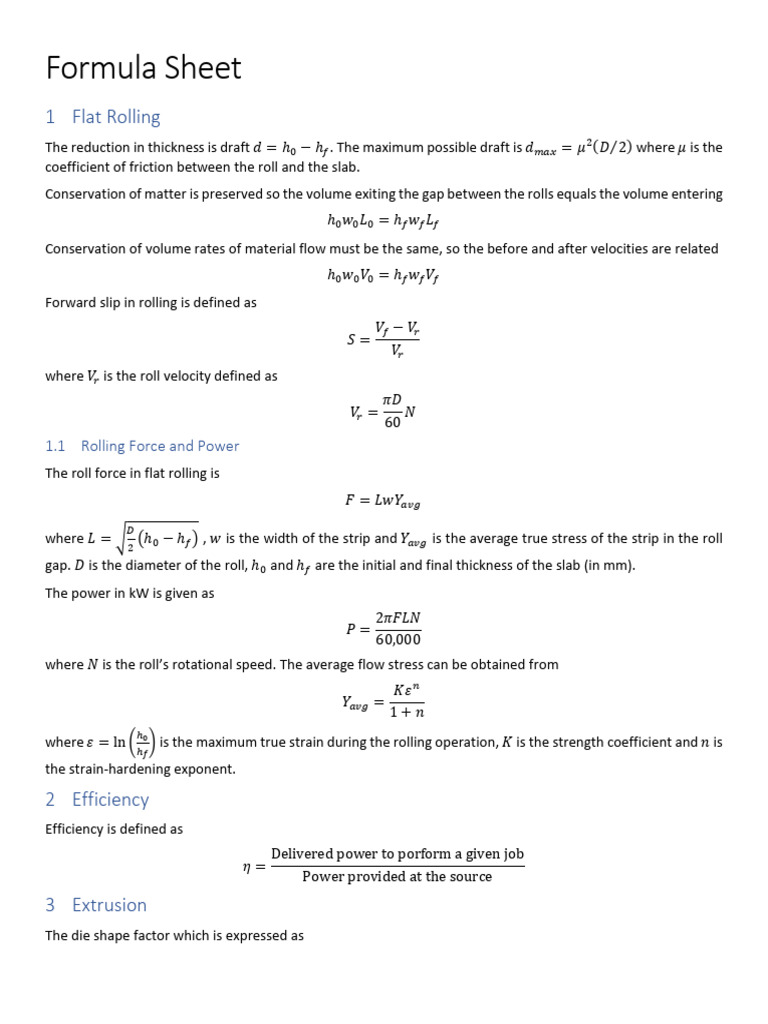 Formula Sheet Fall 2024 Final Exam | PDF | Extrusion | Industrial Processes