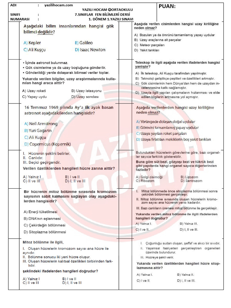 _yazilihocam_com_7_sınıf_fen_1_dönem_1_yazılı_soruları_3 | PDF