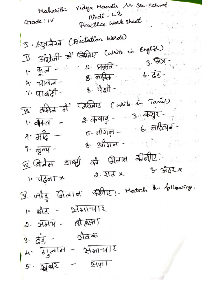 Grade IV Hindi Worksheet | PDF