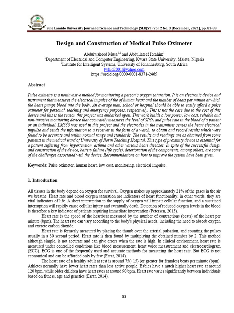 Low-Cost Pulse Oximeter Design | PDF | Heart Rate | Hemoglobin