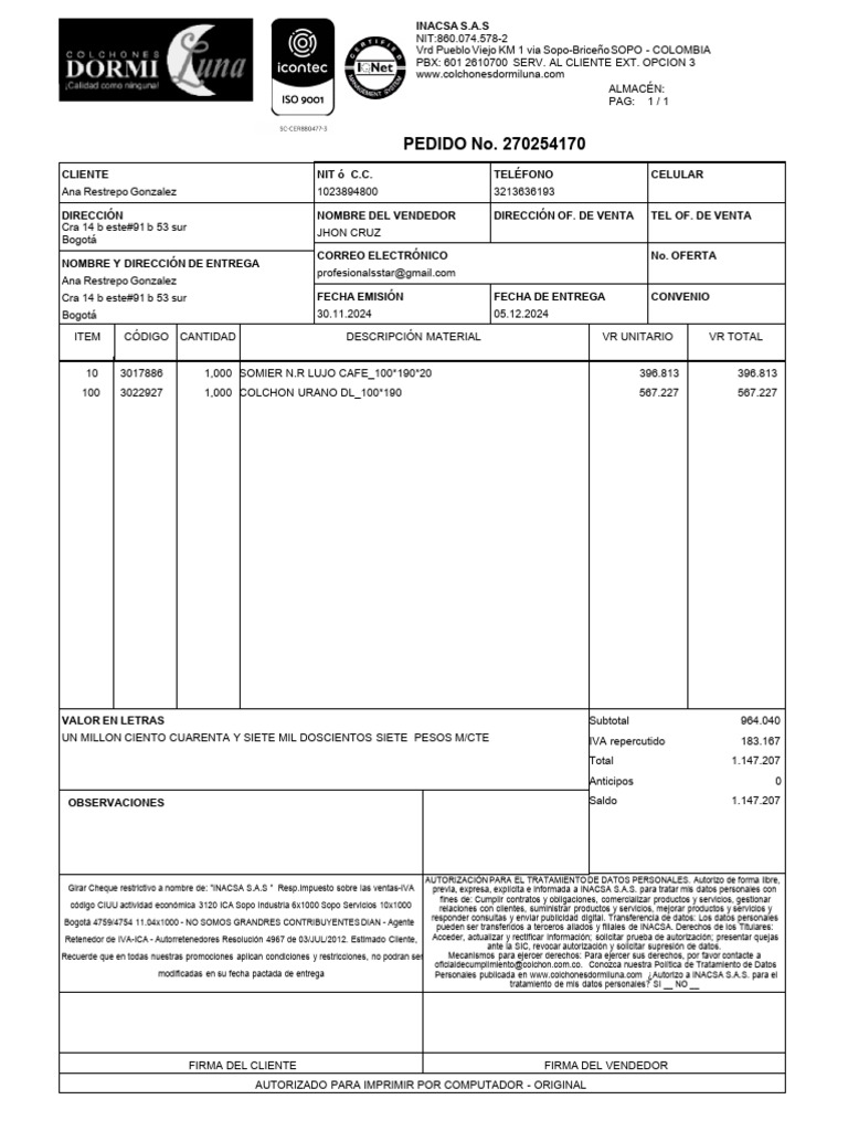 Factura de Compra INACSA S.A.S. 2024 | PDF