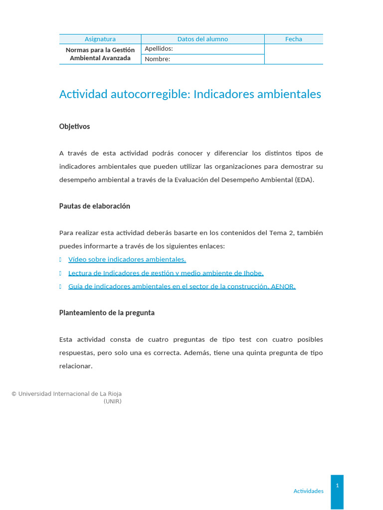 Actividad Autocorregible. Indicadores Ambientales | PDF | Entorno natural | Uso eficiente de energía