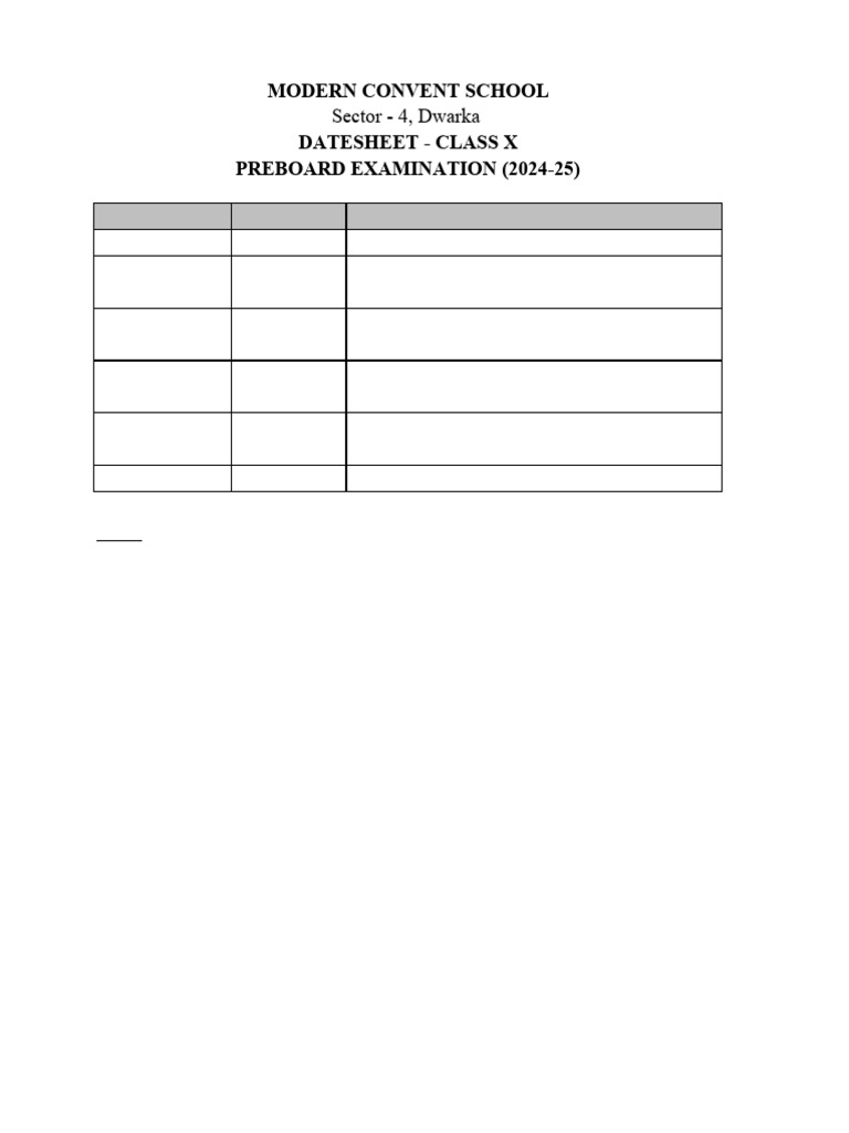 Class X PreBoard Date Sheet 202425 | PDF