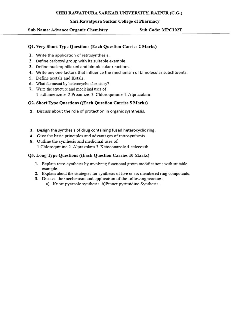 Assignment II MPC Advance Organic Chemistry I MPC102T | PDF